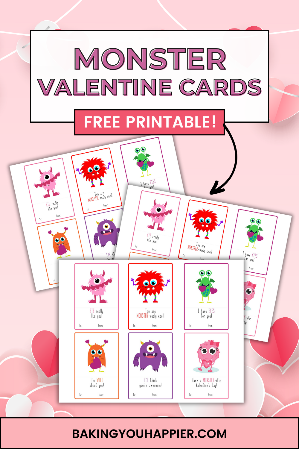 Free Printable Monster Valentine Cards | Baking You Happier