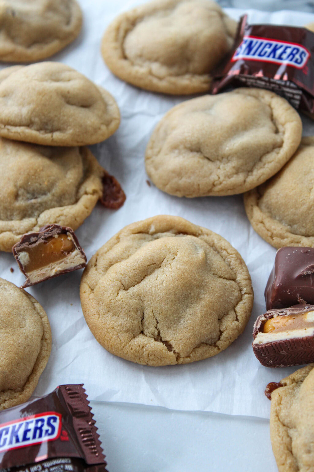Snicker Surprise Peanut Butter Cookies - Baking You Happier