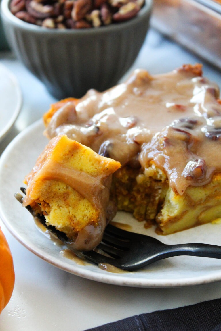 Pumpkin Praline Bread Pudding - Baking You Happier